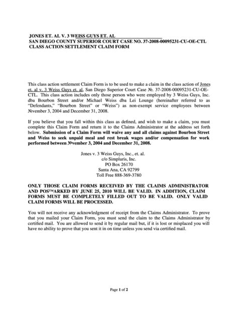 Class Action Settlement Claim Form Printable Pdf Download