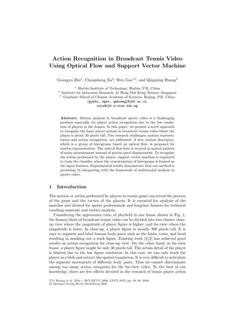 Pdf Action Recognition In Broadcast Tennis Video Using Optical Flow