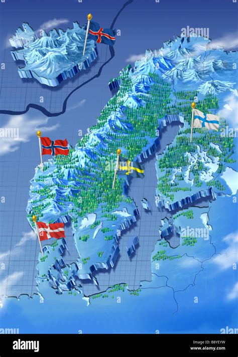 Painted Map With The Nordic Countries Sweden Norway Finland Denmark