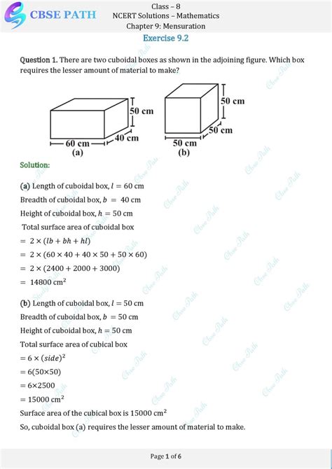 Ncert Solutions For Class Maths Exercise Mensuration Cbse Path