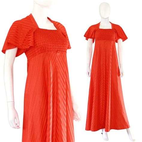 1970s Vivid Orange Maxi Dress 1970s Maxi Dress Fl Gem