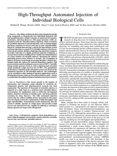 Pdf High Throughput Automated Injection Of Individual Biological Cells