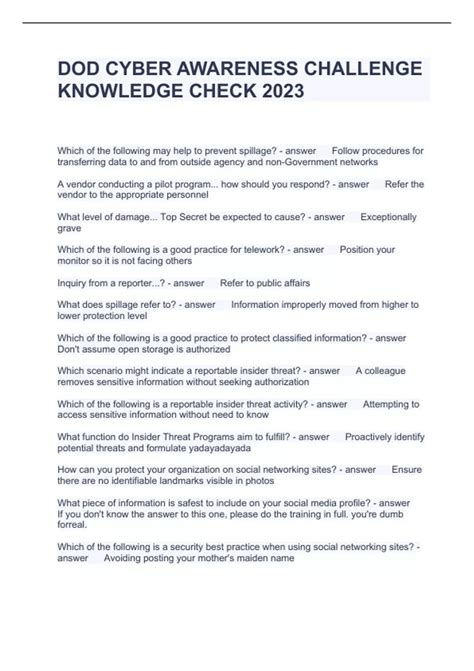DOD CYBER AWARENESS CHALLENGE KNOWLEDGE CHECK 2023 Questions With