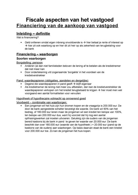 Samenvatting Fiscale Aspecten Van Het Vastgoed Fiscale Aspecten Van