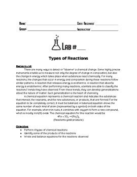 Lab Types Of Reactions By Johnston Chemistry TPT