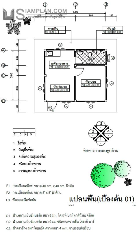 แปลนพื้น แปลนบ้าน รหัส Pp098 แบบบ้านชั้นเดียว 1 ห้องนอน 1 ห้องน้ำ ห้องรับแขก เตรียมอาหาร