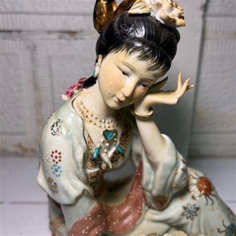 Vintage Porcelain Asian Geisha Girl Large Figurine Statue Green Gold Etsy