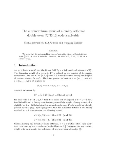 Pdf The Automorphism Group Of A Binary Self Dual Doubly Even 723616 Code Is Solvable