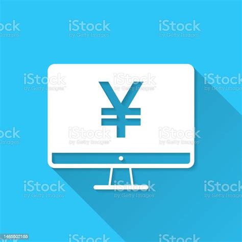 엔 기호가 있는 데스크톱 컴퓨터 파란색 배경에 아이콘 긴 그림자가 있는 평면 디자인 0명에 대한 스톡 벡터 아트 및 기타 이미지
