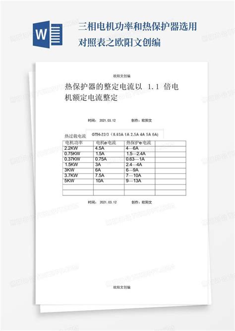 三相电机功率和热保护器选用对照表之欧阳文创编Word模板下载 编号lgzdjawb 熊猫办公