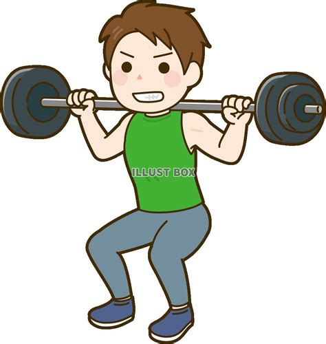無料イラスト バーベルでスクワットをする男性