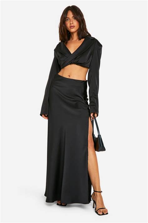 Satin Slip Extreme Split Maxi Skirt Boohoo Uk