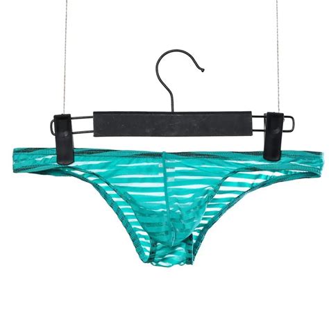 Sexy Men Plus Size Ice Silk Stripe Underwear Transparent U Convex Pouch Briefs Smooth Breathable