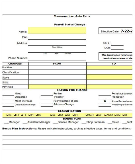 Payroll Change Form Template Excel