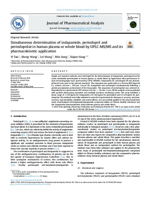 Pdf Simultaneous Determination Of Indapamide Perindopril And Perindoprilat In Human Plasma Or