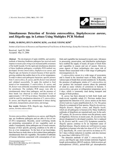 Pdf Simultaneous Detection Of Yersinia Enterocolitica Staphylococcus Aureus And Shigella Spp