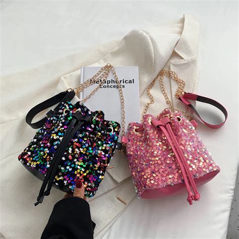 여성용 버킷 숄더백 스팽글 이브닝 파티 크로스바디 백 여성용 패션 드로스트링 메신저 백 핸드백 Aliexpress