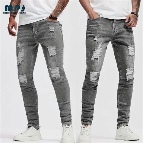 Mpj Tattered Jeans Wash Grey Pants For Man Regular Pants Stretchable