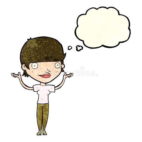 Cartoon Woman Holding Arms In Air With Thought Bubble Stock