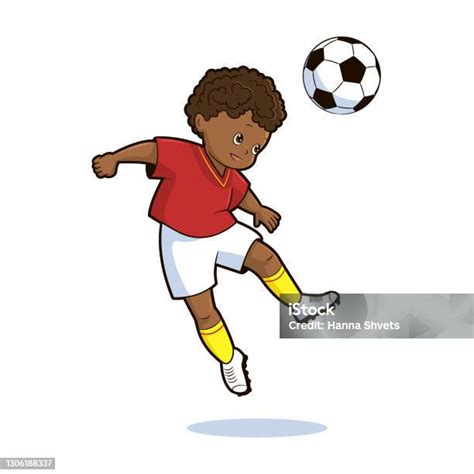 축구 선수의 유니폼을 입은 아프리카계 미국인 십대가 점프에서 공을 걷어차고 있습니다 만화 스타일의 벡터 일러스트레이션 흑백 선