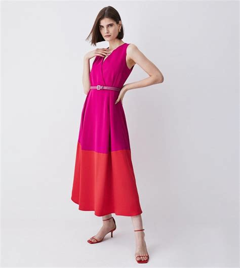 Buy Karen Millen Soft Tailored Full Skirt Belted Color Block Midi Dress In Berry ThStreet