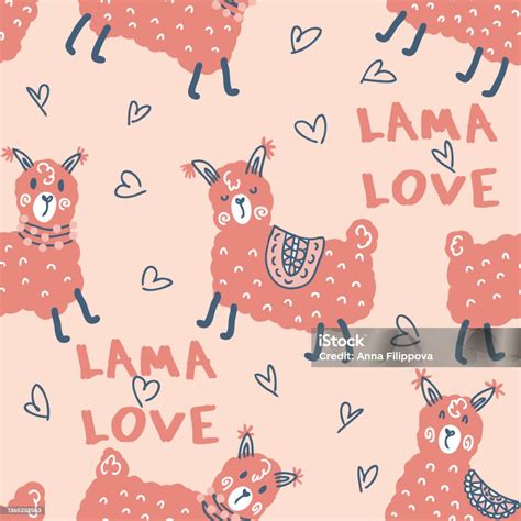 라마 하트 텍스트 Lama Love와 로맨틱 매끄러운 패턴 티셔츠 직물 및 인쇄에 적합합니다 장식과 디자인을위한 손으로 그린