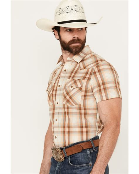 Pendleton Mens Frontier Plaid Print Short Sleeve Snap Western Shirt Tan