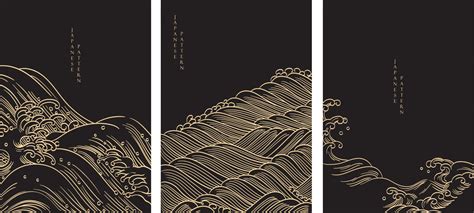 Hand Drawn Wave With Japanese Background Vector Oriental Template With Gold Line Pattern In