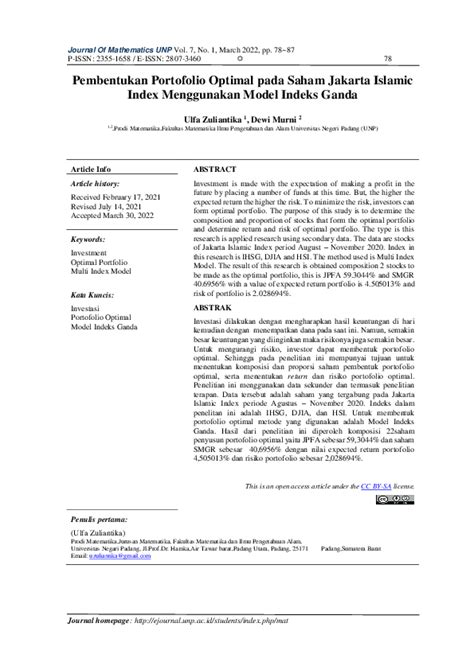 Pdf Pembentukan Portofolio Optimal Pada Saham Jakarta Islamic Index Menggunakan Model Indeks Ganda