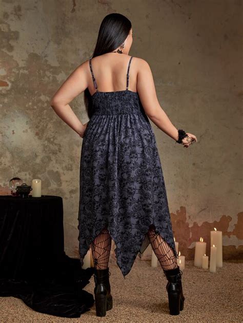 Goth Plus Skull Print Hanky Hem Cami Dress Without Belt SHEIN USA