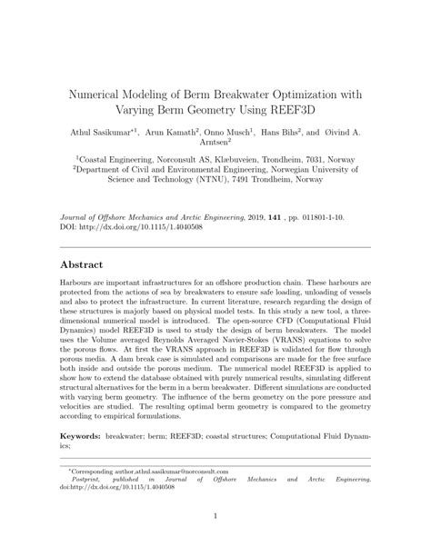 Pdf Numerical Investigation Of Wave Kinematics Inside Berm Breakwaters With Varying Berm