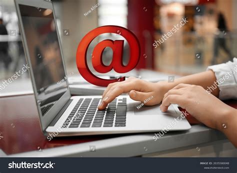 Woman Sending Email Via Laptop Cafe Stock Photo Shutterstock