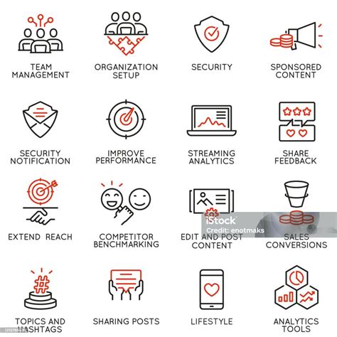 영향 마케팅 및 소셜 미디어 홍보 서비스에 관련된 선형 아이콘의 벡터 집합입니다 모노 라인 픽토그램 및 인포그래픽 디자인 요소 파트 7 아이콘에 대한 스톡 벡터 아트 및