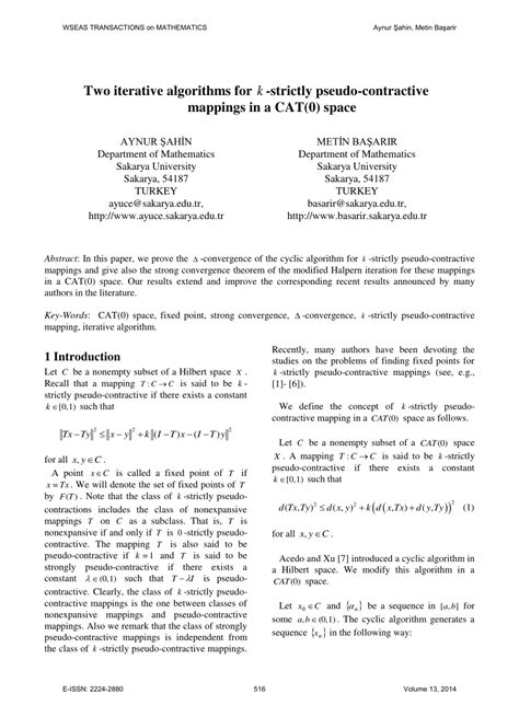 Pdf Two Iterative Algorithms For K Strictly Pseudo Contractive Mappings In A Cat0 Space
