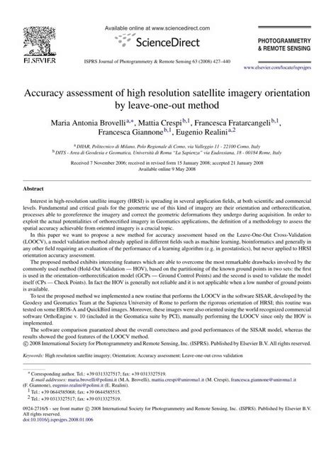 PDF Accuracy Assessment Of High Resolution Satellite Imagery Orientation By Leave One Out