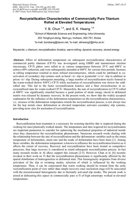 Recrystallization Characteristics Of Commercially Pure Titanium Rolled At Elevated Temperatures