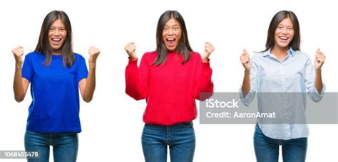 축 하 하는 흰색 절연된 배경 서 아시아 젊은 여자의 콜라주 놀라게 무기 제기와 성공을 위한 깜짝 놀라게 고 눈을 엽니다 우승자