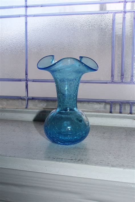 Vintage Blue Crackle Rainbow Glass Vase Mid Century Modern