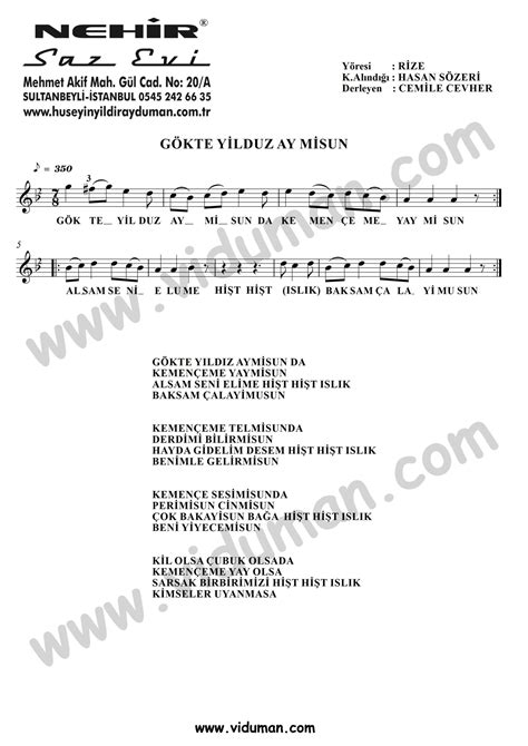 Gökte Yıldız Ay mısın Bağlama Saz Türkü Notaları Hüseyin Yıldıray Duman İstanbul