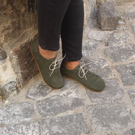 Women Zero Drop Oxford Barefoot Green Nubuck Leather Handmade Shoes