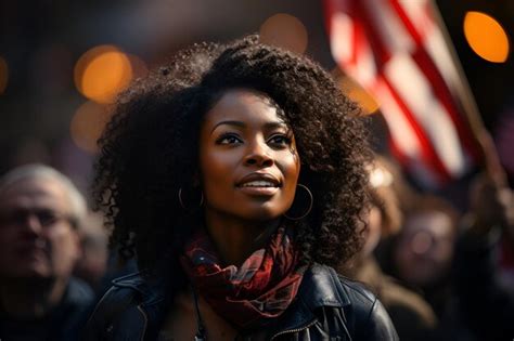 Premium Ai Image African American Woman Stands In A Rally Crowd Black