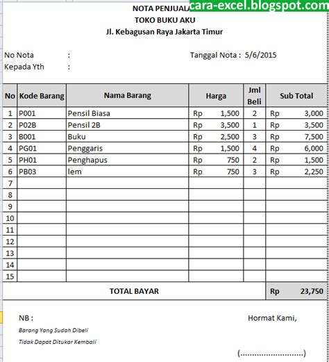 Cara Membuat Nota Pada Excel Cara Excel