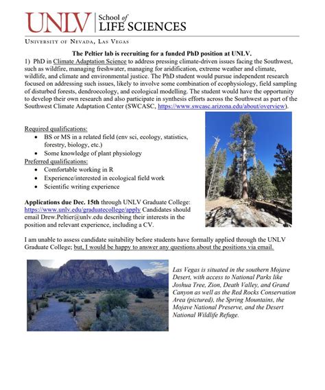 Phd And Postdoc Positions University Of Nevada Las Vaga Usa School Of Life Sciences Drew