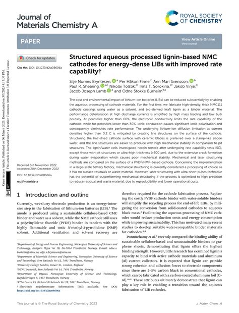 Pdf Structured Aqueous Processed Lignin Based Nmc Cathodes For Energy Dense Libs With Improved