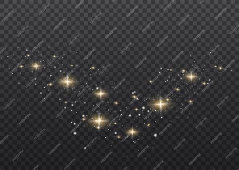 먼지 스파크와 황금빛 별이 특별한 빛으로 빛납니다 투명 배경에 반짝임 크리스마스 조명 효과 반짝이는 마법의 먼지 입자 프리미엄 벡터