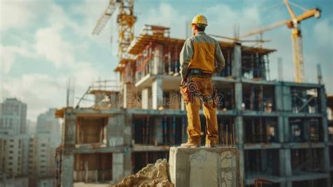 A Construction Worker Stands On A Ledge In Front Of A Building Stock