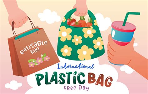 국제 비닐 봉투 무료 날 배너 포스터 종이 봉지 패브릭 접이식 가방 및 재사용 가능한 텀블러 벡터 일러스트레이션을 들고 손 글로벌 커뮤니케이션에 대한 스톡 벡터 아트 및