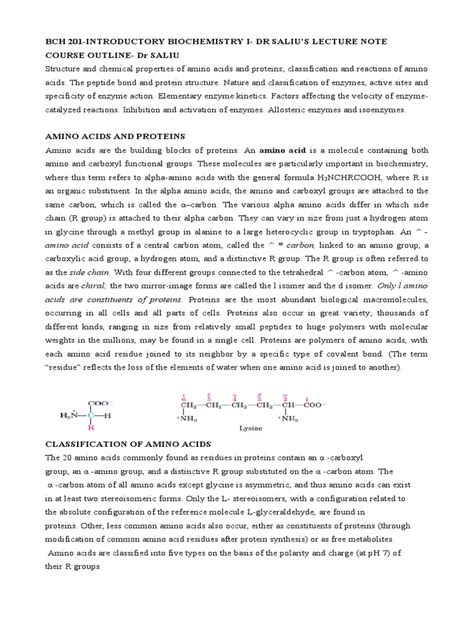 Bch 201 Dr Saliu Lecture Notes Pdf Amino Acid Enzyme