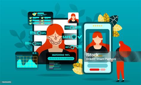 평면 만화 캐릭터입니다 벡터 일러스트 레이 션에 대 한 기술 보안 미래 얼굴을 스캔 하 여 로그인을 시도 하는 여자 스마트 폰에서 프로그램 정보 얼굴 데이터를 다이어그램 점