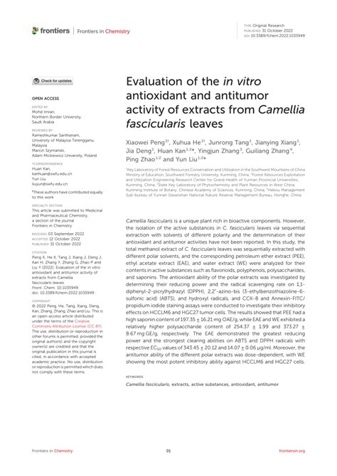 Pdf Evaluation Of The In Vitro Antioxidant And Antitumor Activity Of Extracts From Camellia